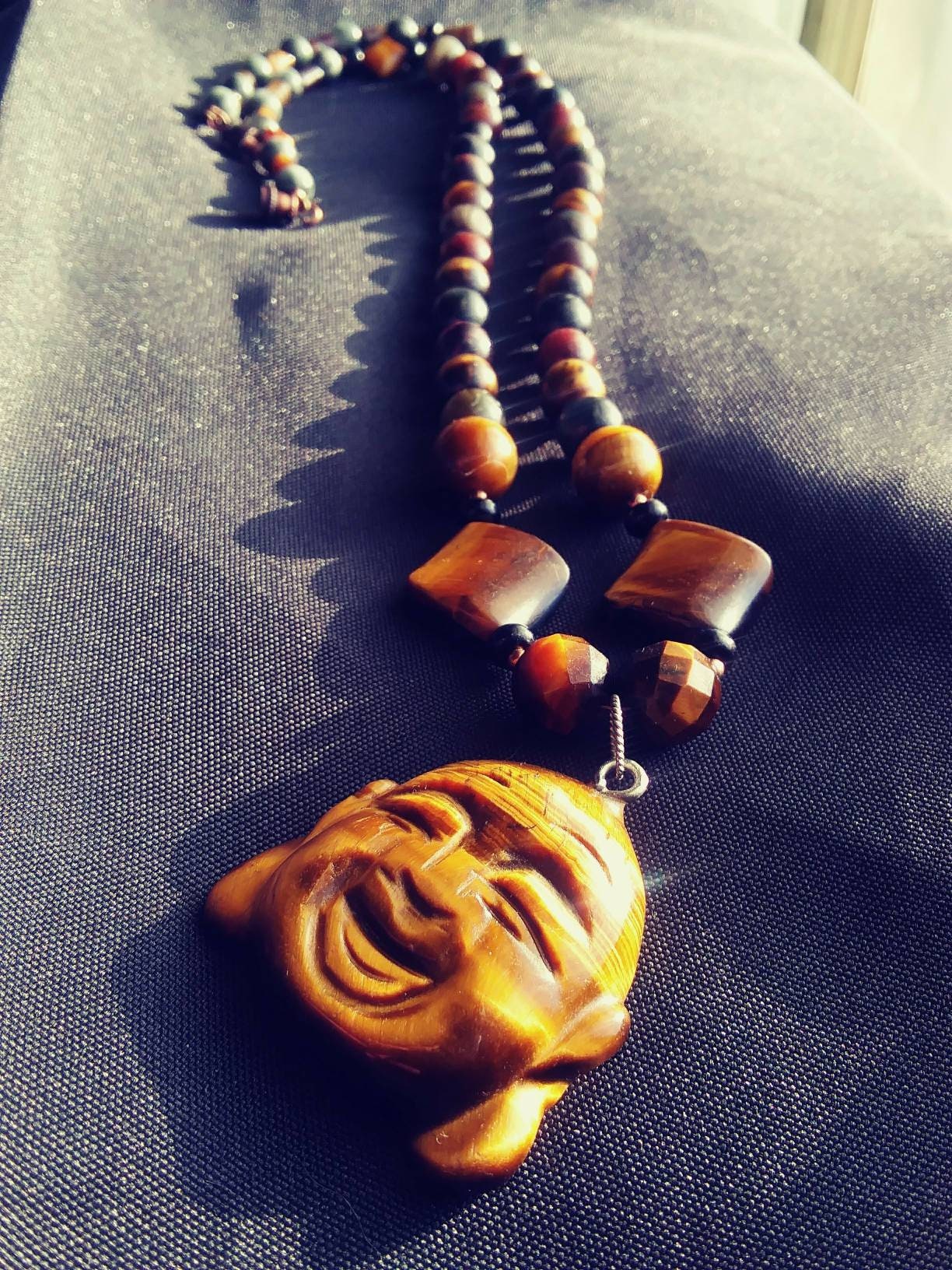 Hand Carved Happy Buddha Tiger Eye Talisman on Tri-color Tiger Eye ...