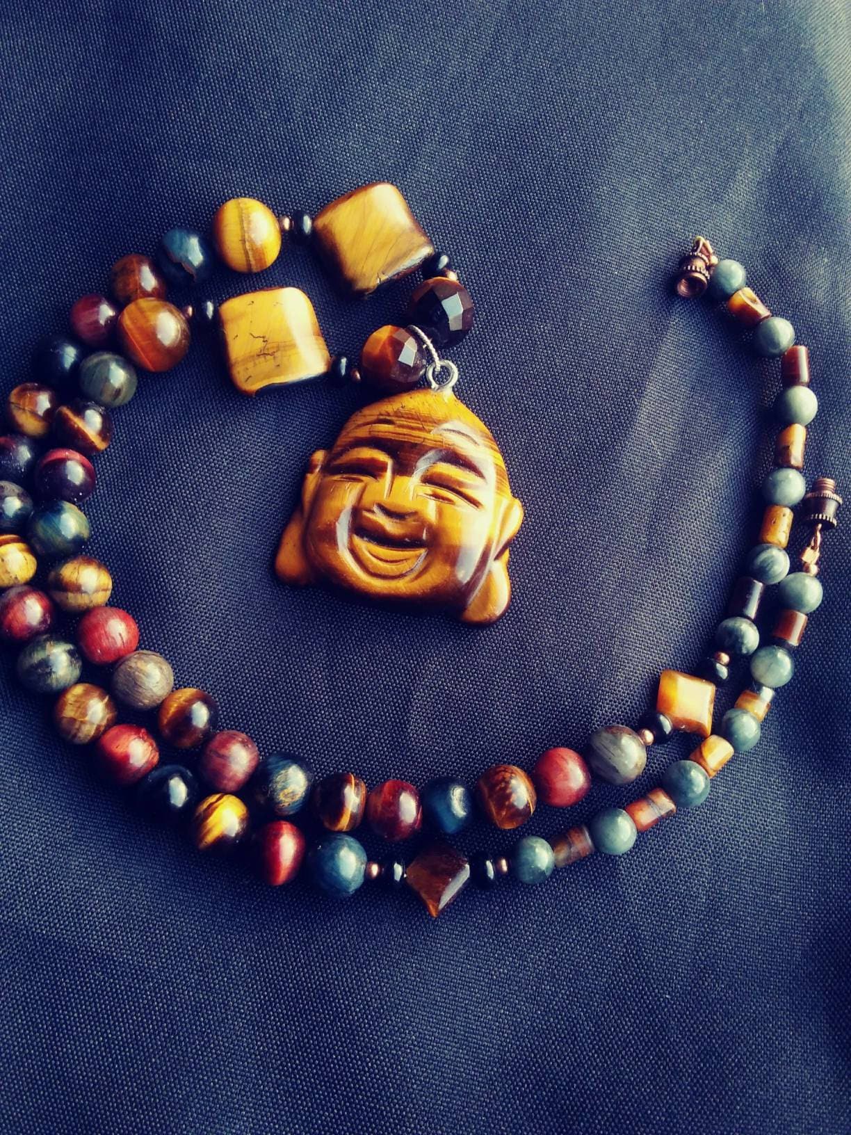 Hand Carved Happy Buddha Tiger Eye Talisman on Tri-color Tiger Eye ...