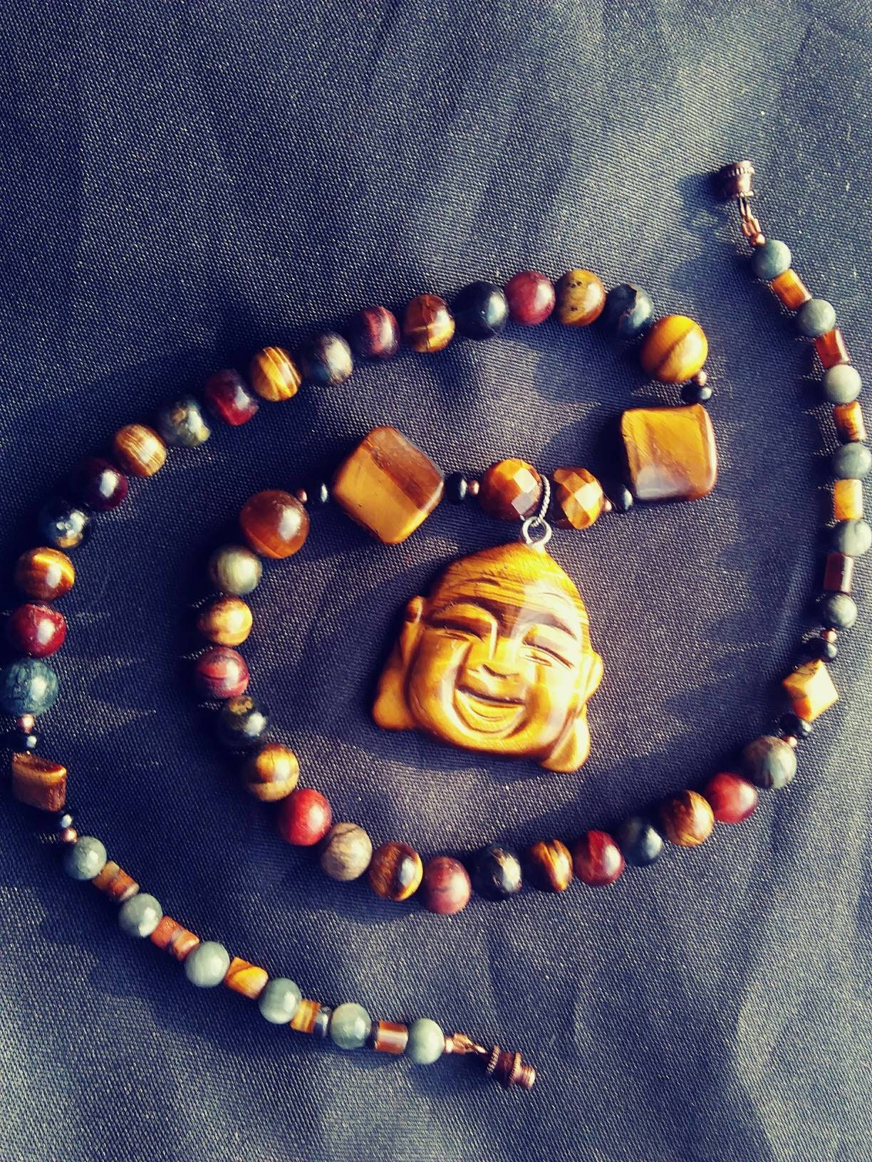 Hand Carved Happy Buddha Tiger Eye Talisman on Tri-color Tiger Eye ...