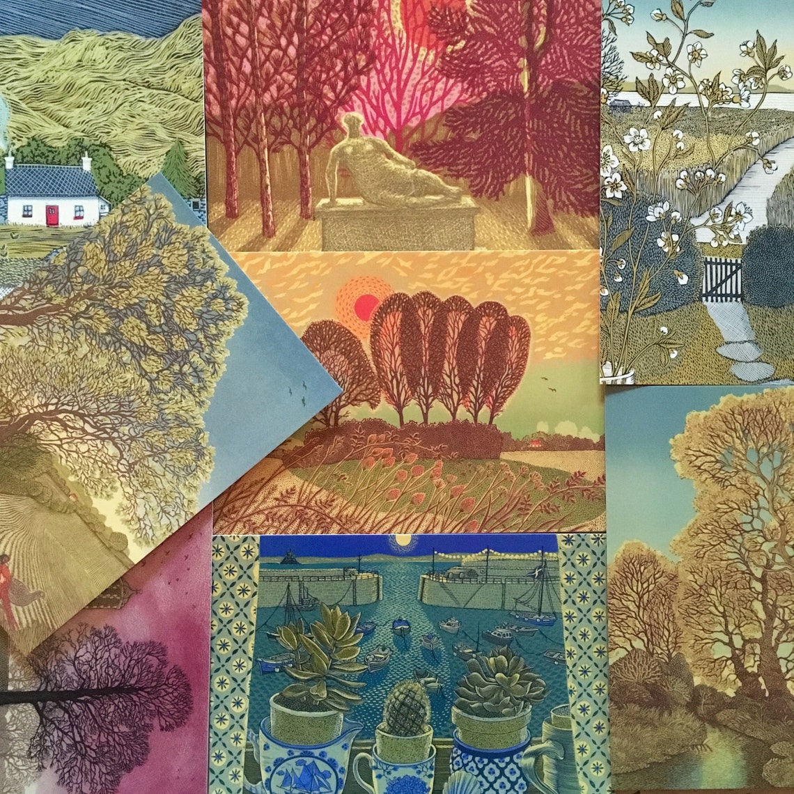 LANDSCAPE LINOCUT POSTCARDS A Set of 8 Premium Glossy | Etsy