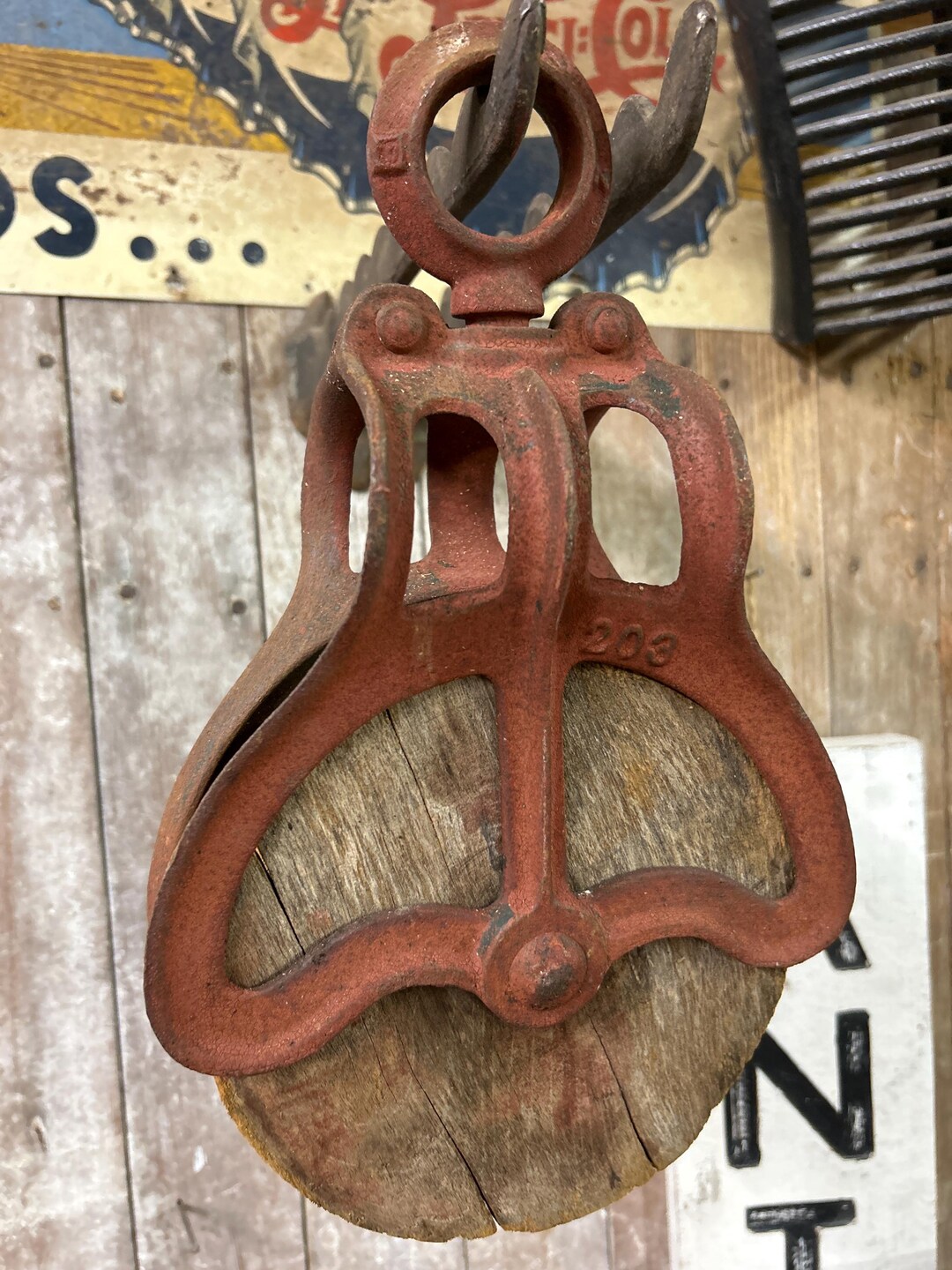 Vintage Barn Pulley, Industrial Cast Iron Pully, Rope , Straight off ...