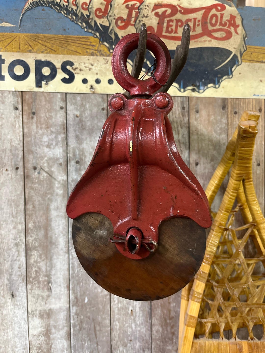 Vintage Barn Pulley, Industrial Cast Iron Pully, Rope , Straight off ...