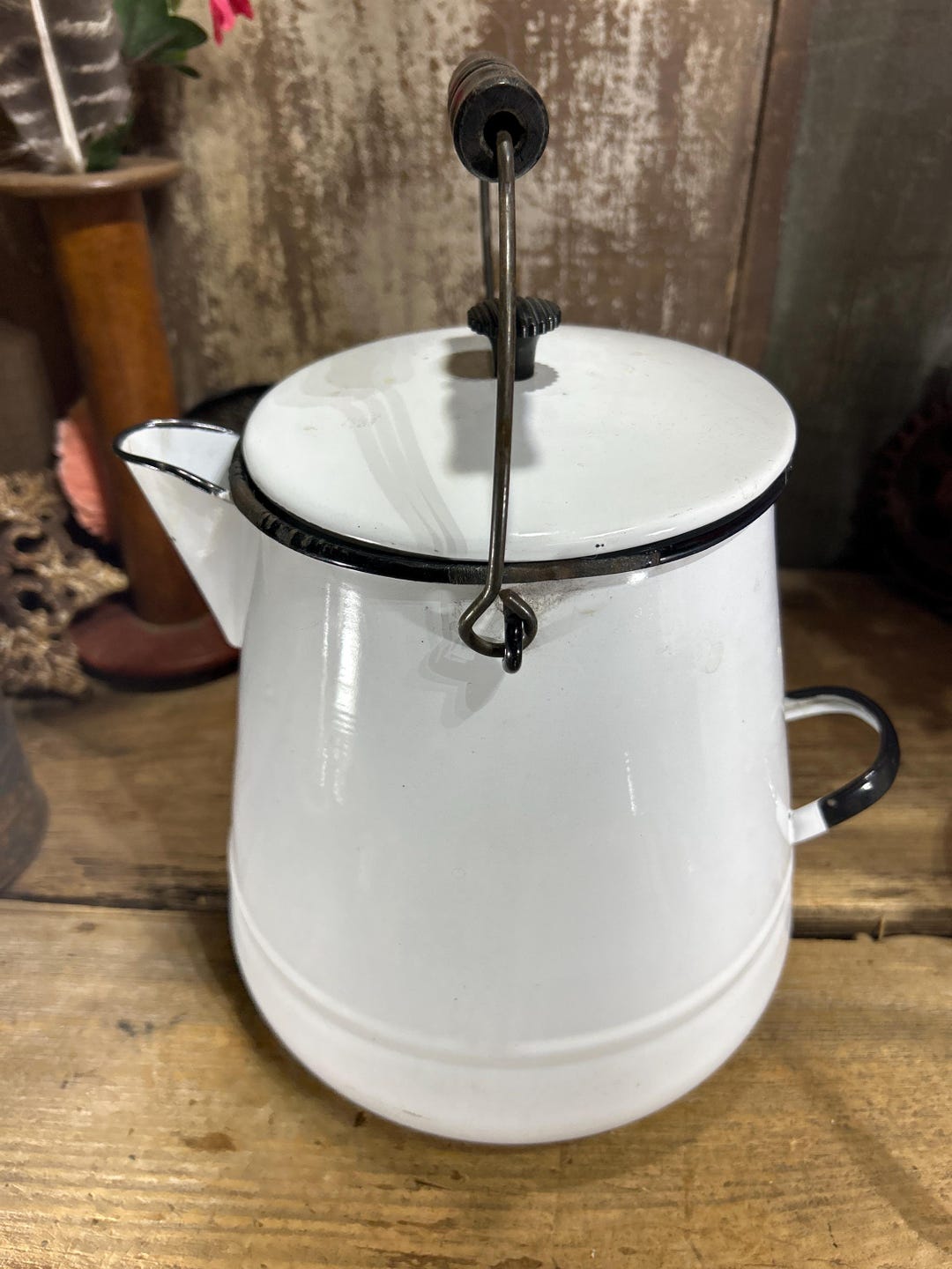 Vintage Kettle, Enamelware Coffee Pot, Cowboy Kettle, Black and White ...