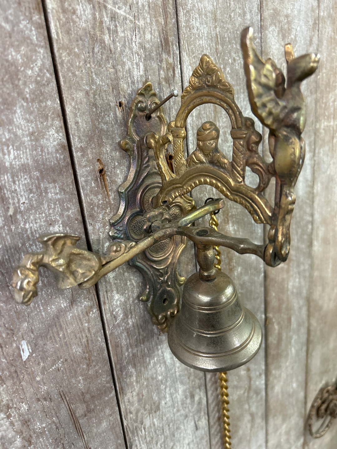 Antique Brass Door Bell. Rustic Pull Chain Door Bell, Gargoyles, Ornate ...