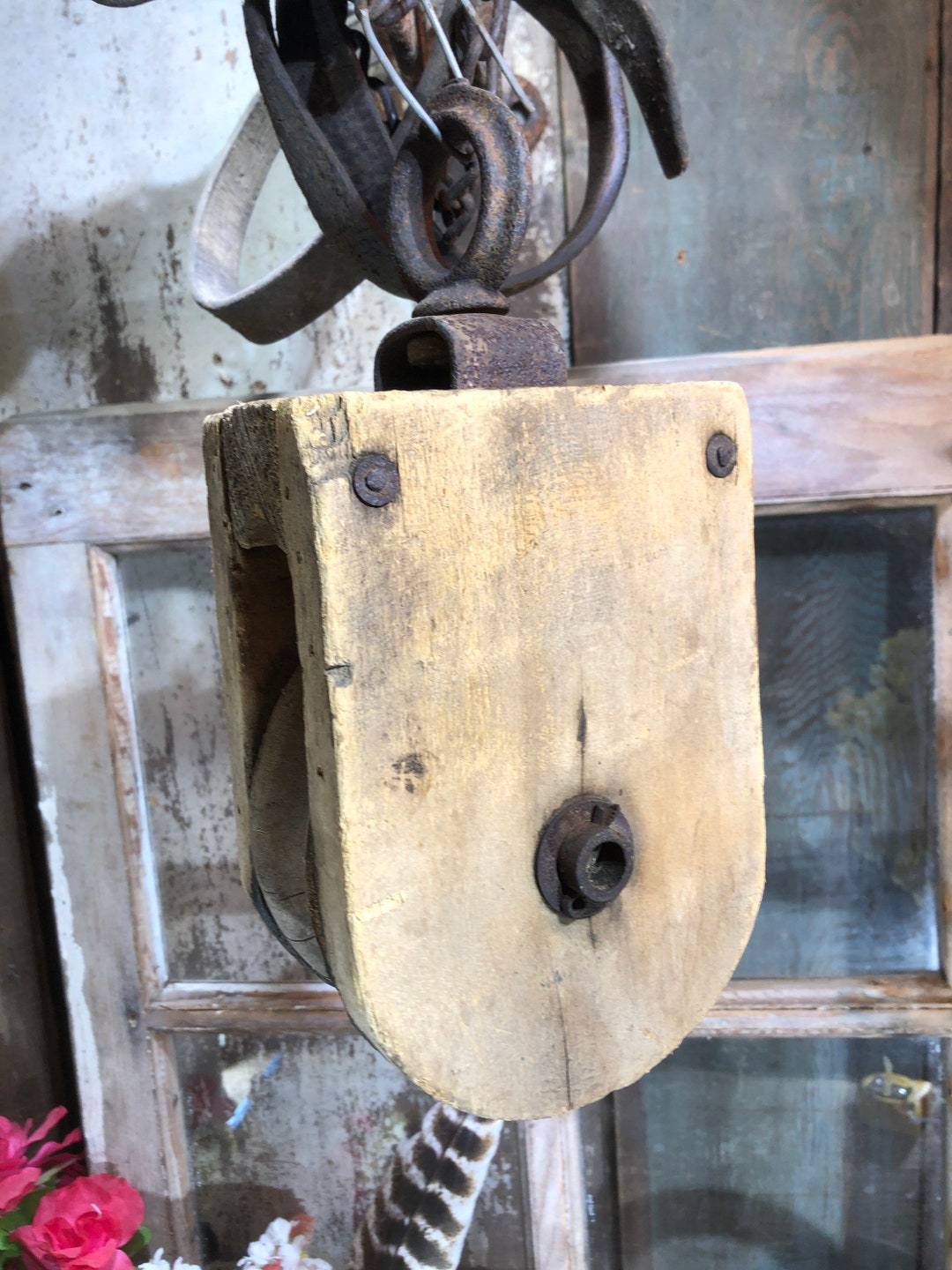 Vintage Rope Pulley, Hay Pully, Farm Tool, Block and Tackle, Old ...