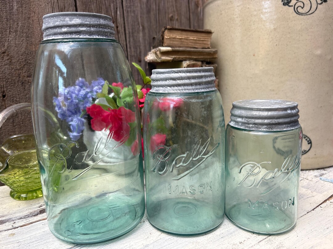 Vintage Ball 3 L'S 1896-1910 Year. Blue Quart Canning Jars. With Zinc ...