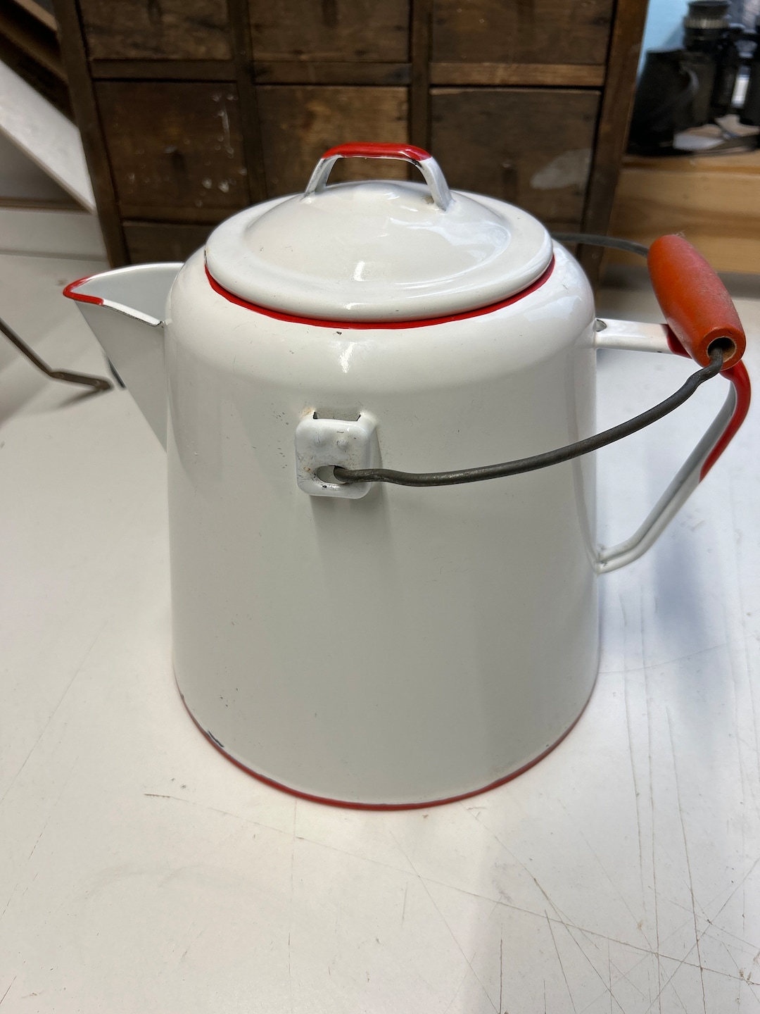 Vintage Kettle, Enamelware Coffee Pot, Cowboy Pot, Camping, Red & White ...