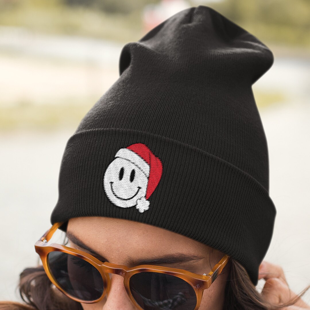 Embroidered Christmas Beanie - Smiley Face Santa Beanie-christmas ...