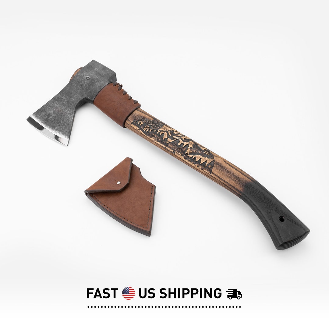 Middle Bushcraft Axe With Carvings on Handle and Leather Case Hand ...
