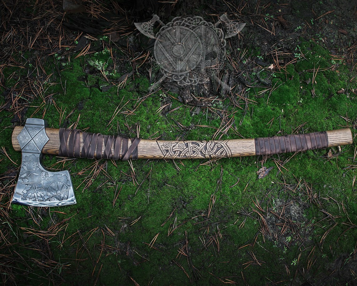 Huge Viking Etched Axe with Long Shaft Leather Wrapping and | Etsy