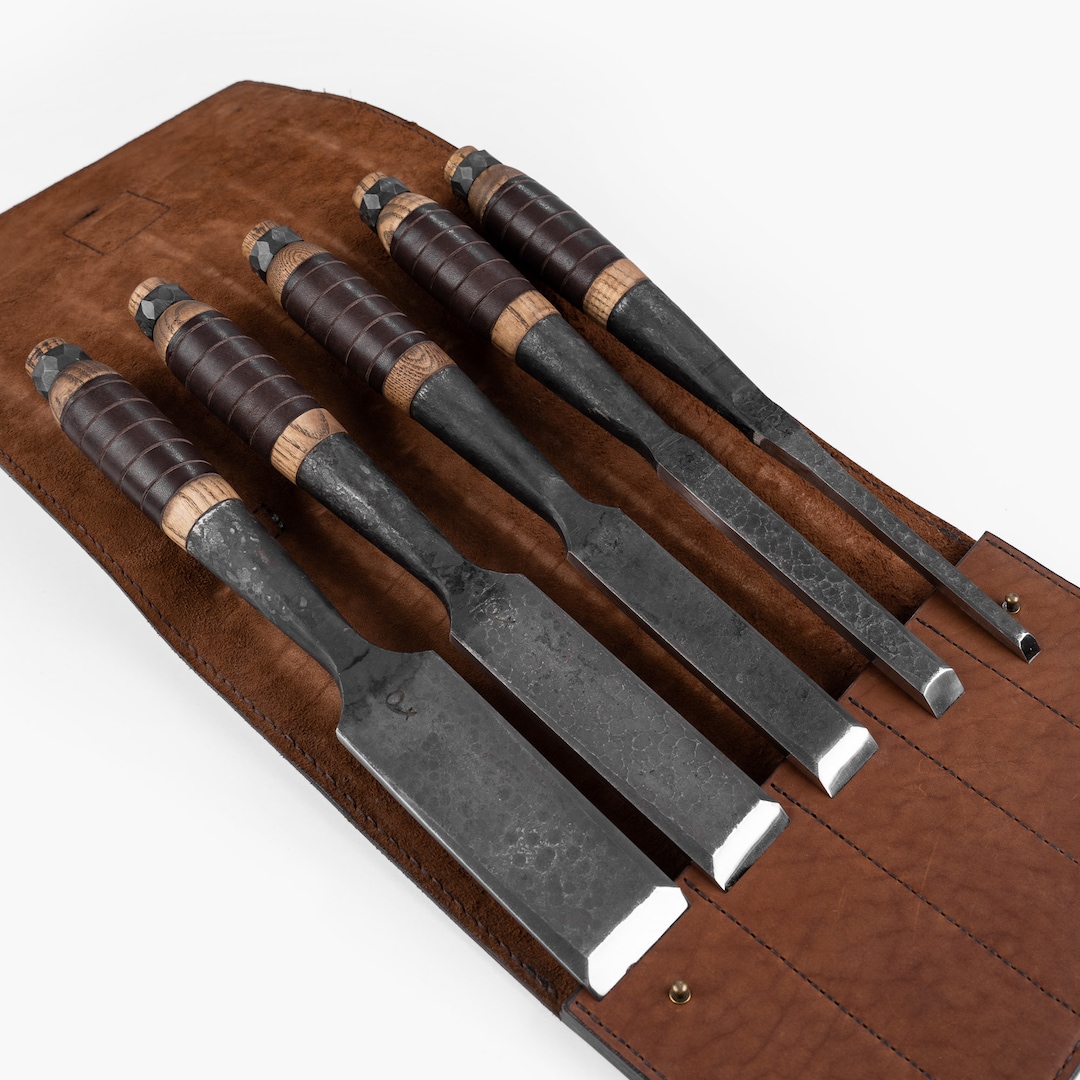 Set Five Chisels With Beveled Edges and Rings and Leather on the Handle ...