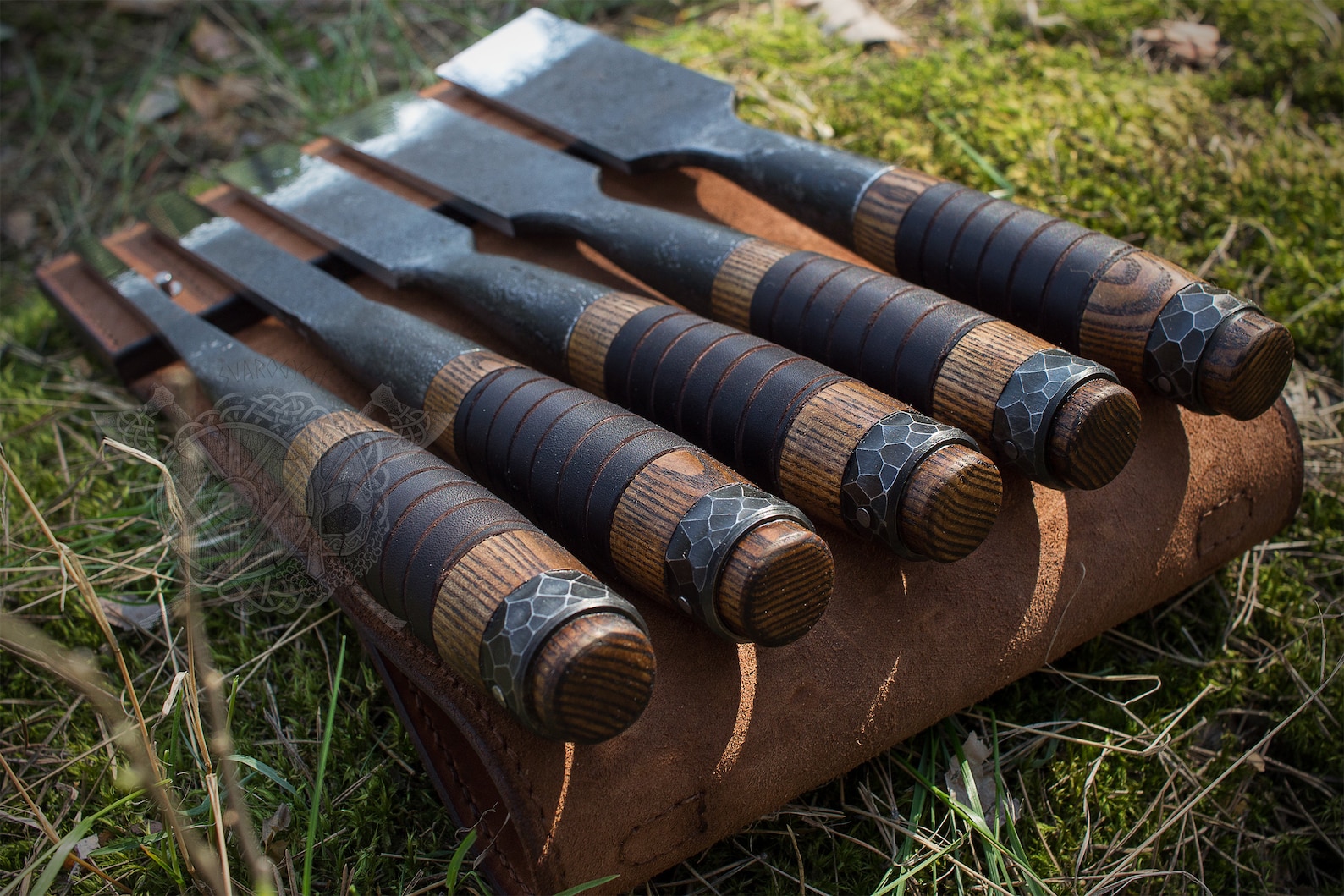 Set Five Chisels with Beveled edges and rings and leather on | Etsy
