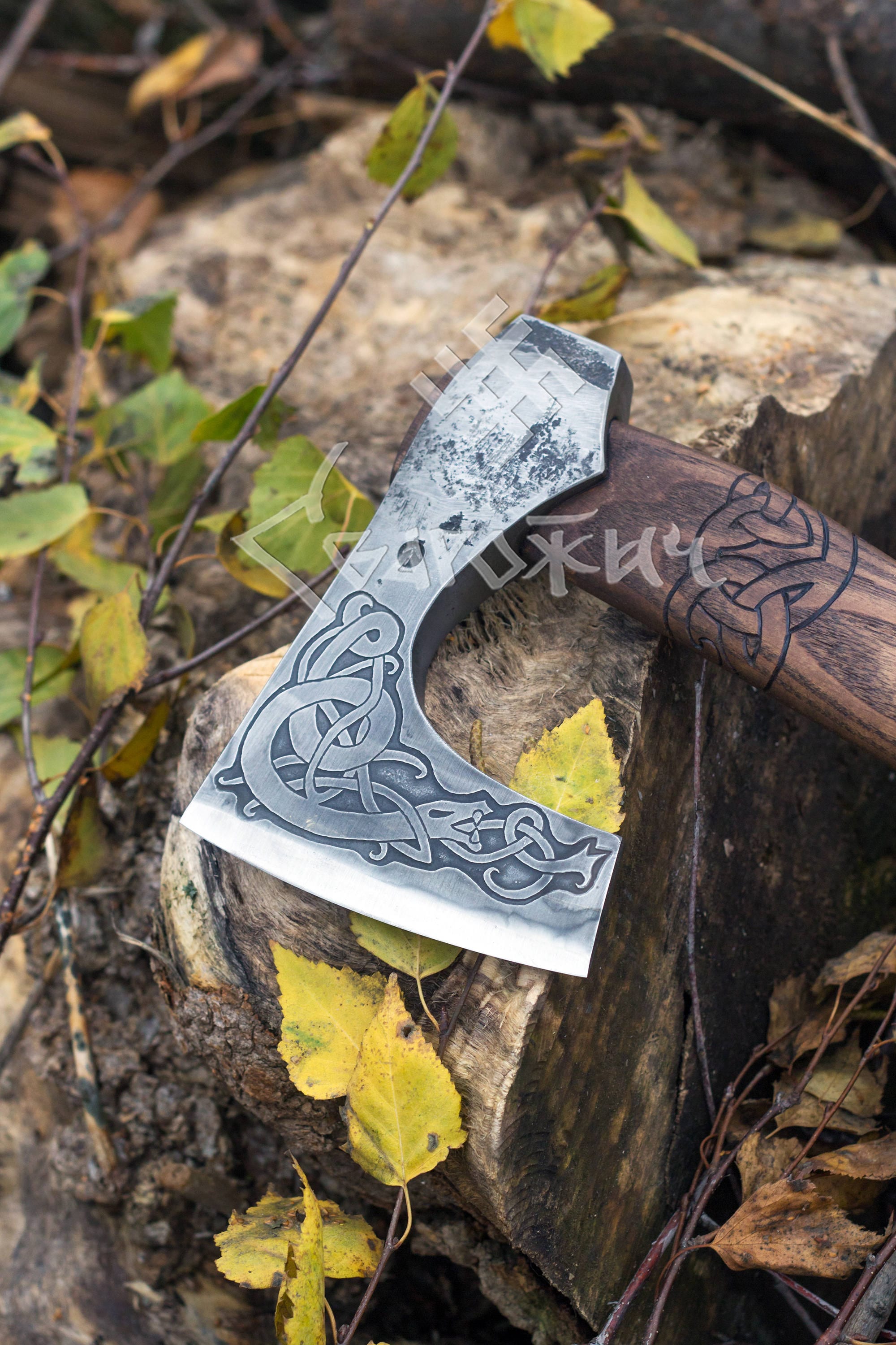 Hand Forged Viking Axe with etching on the head and Drakkar | Etsy
