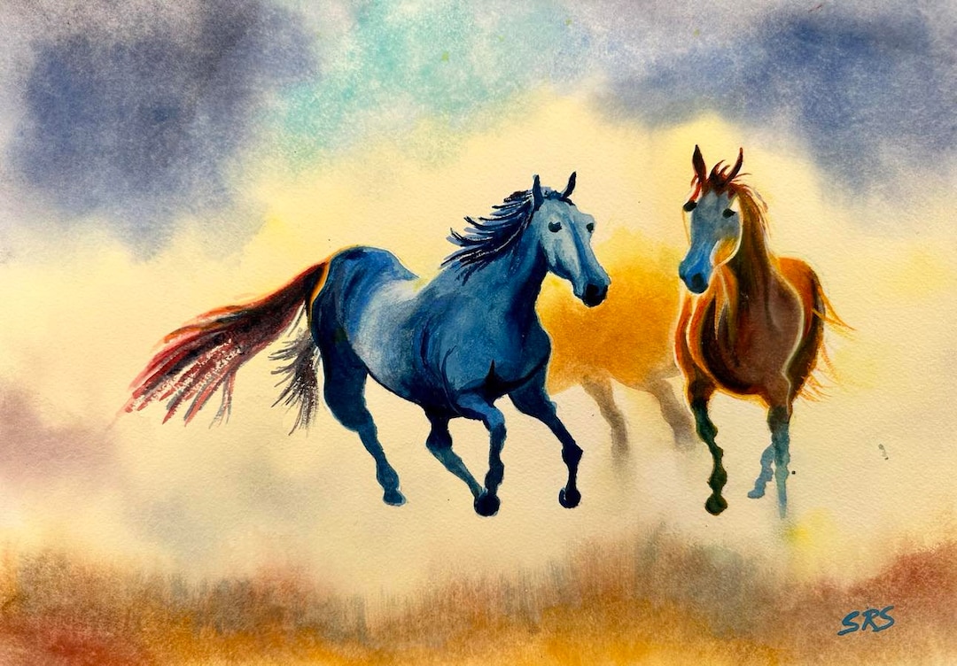 A Dawns Dance Horses Watercolour Horse Equine Painting - Etsy