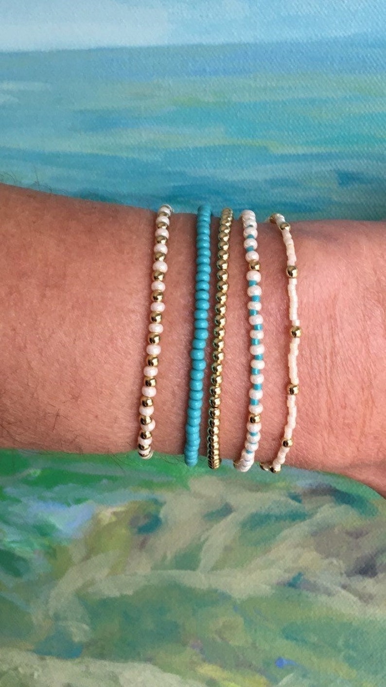Beachy Boho Five Bracelets Bracelet Stack Turquoise Gold Pearl Shell ...