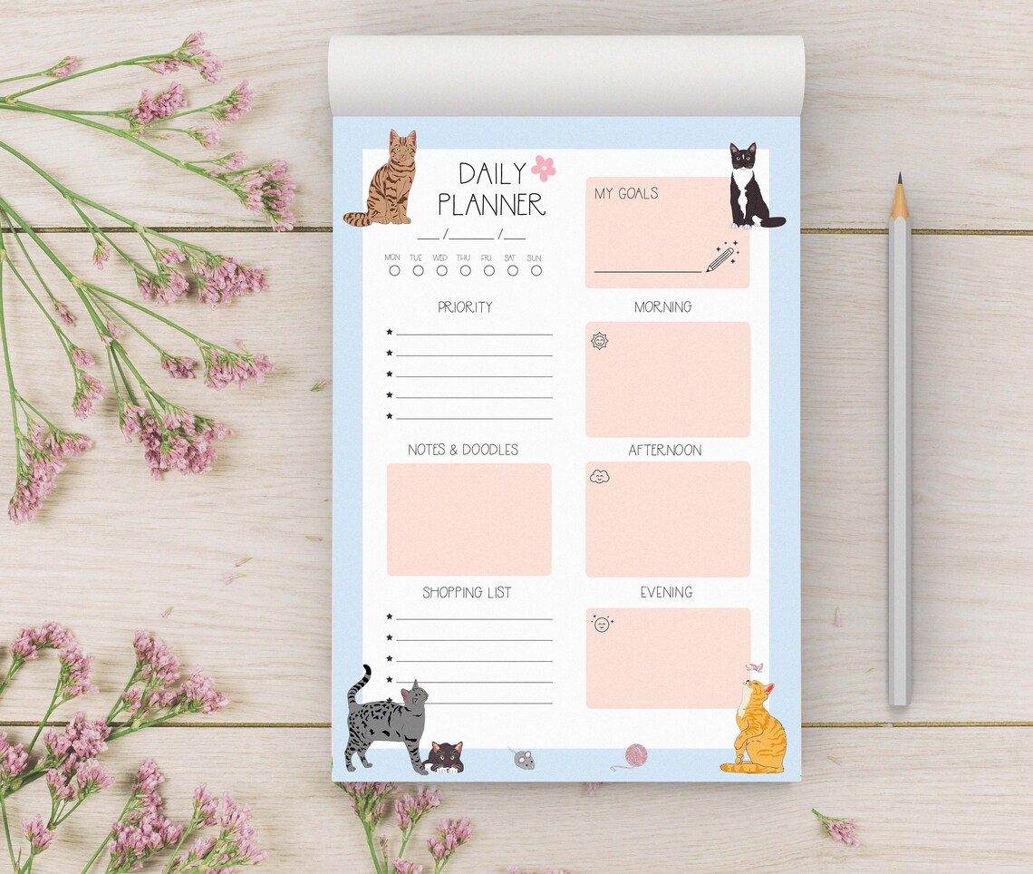 Daily Planner Cat Themed A5 Notepad 50 Pages to Do List Priorities ...