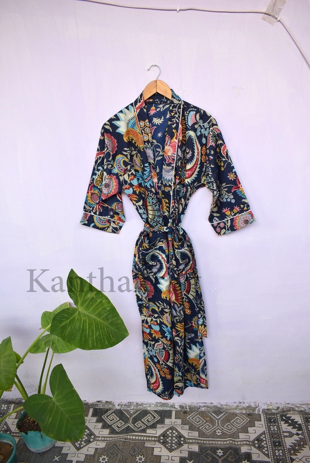 Blue Kimono Robe Ladies Dressing Gown - Hand Printed 100% Light ...
