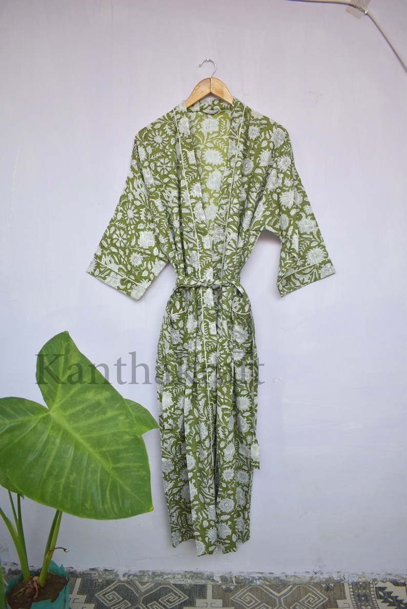 Cotton Kimono Robe Dressing Gown, Block Print Bridesmaid Robe, Summer ...