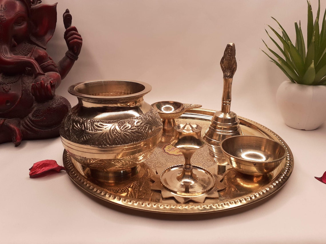 6 Piece Handicrafted Decorative Brass Pooja Thali Set for Altar ,brass ...
