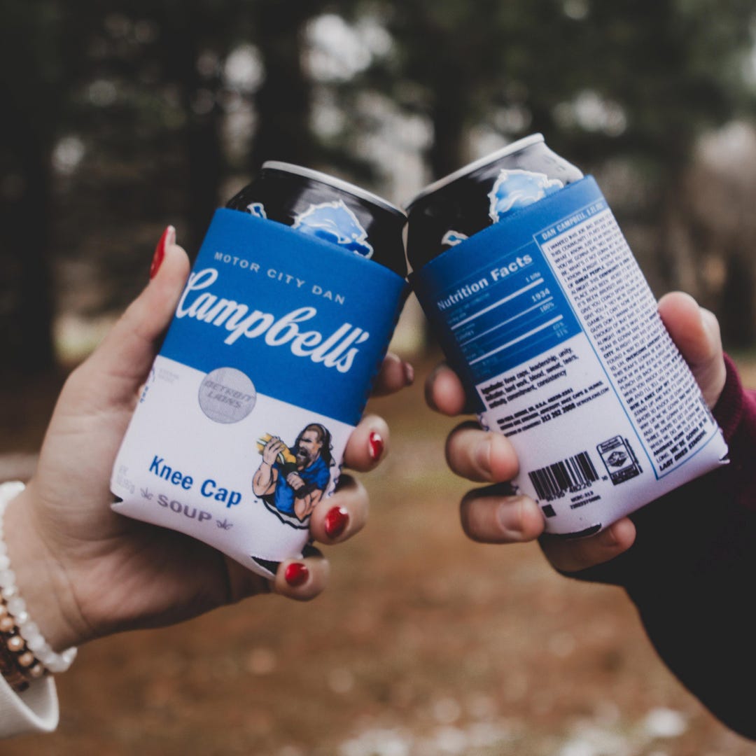RESTOCK: SHIP 12/22, Dan Campbell's Knee Cap Soup Koozie Detroit Lions ...