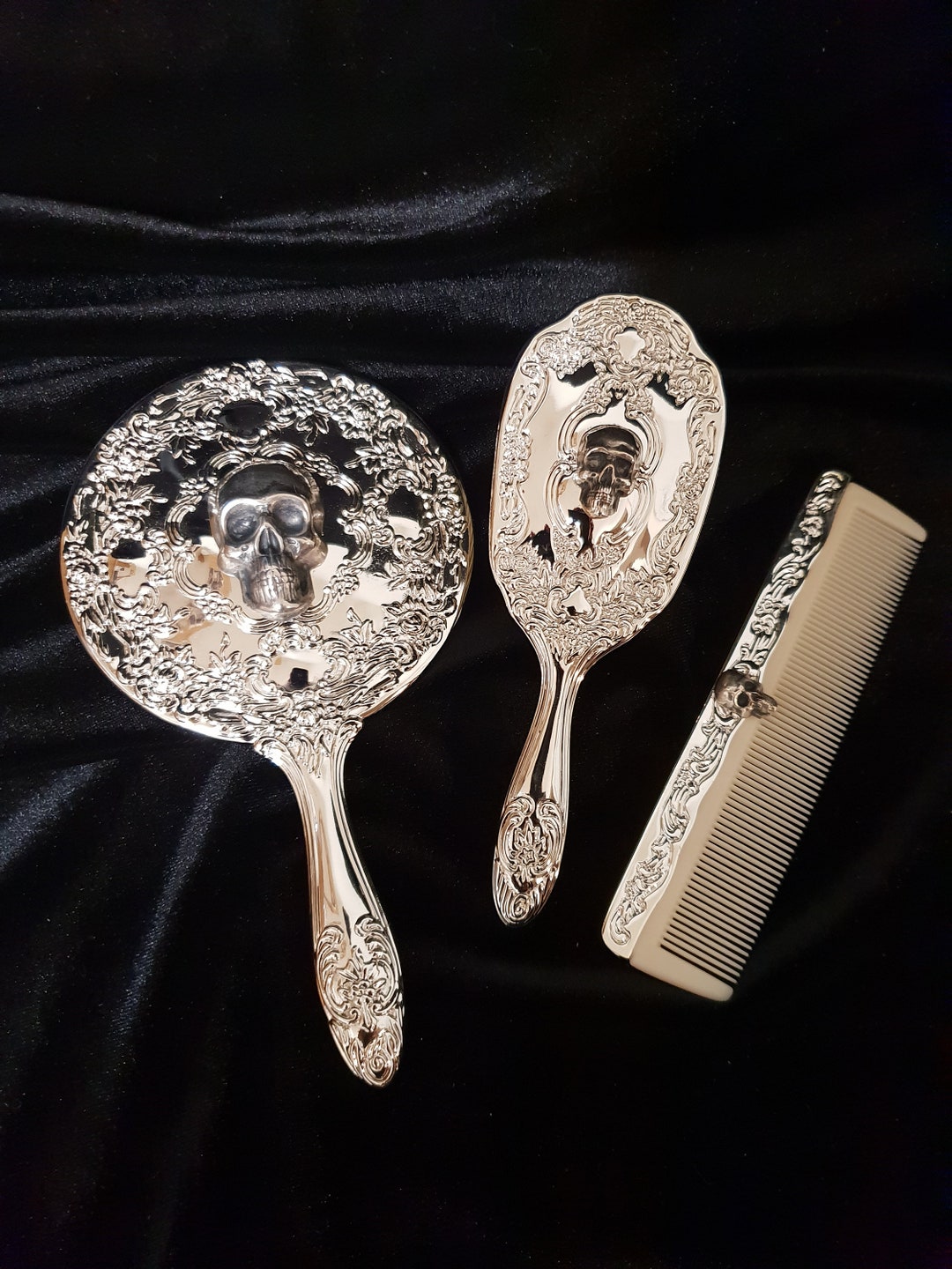IN STOCK Stylized Vintage Silver Vanity Set With Skulls Mirror Brush ...