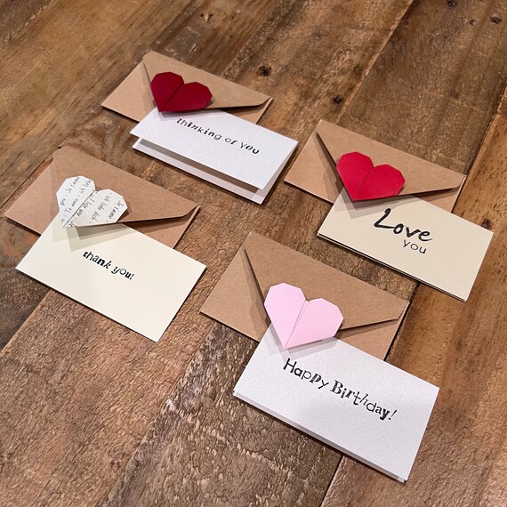 Set of 4 Small Origami Heart Cards With Handmade Craft - Etsy