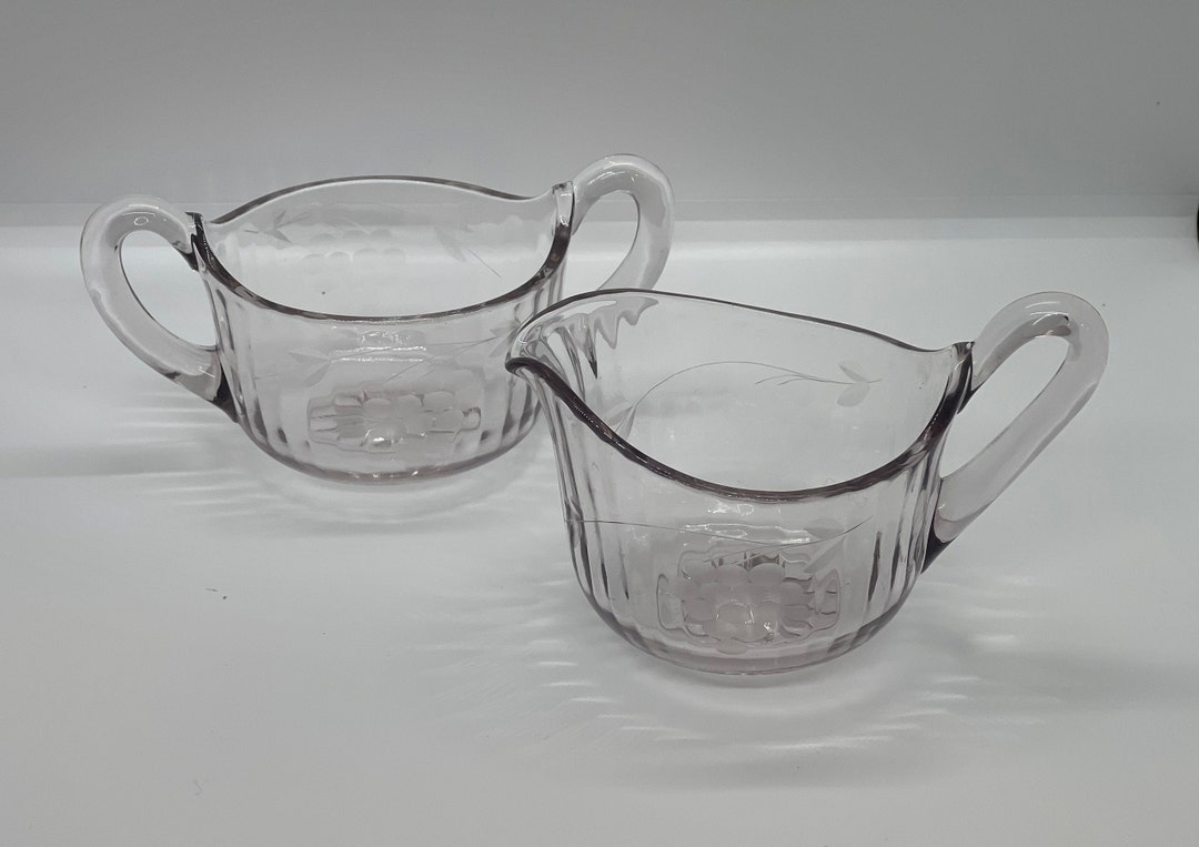 Lavender Tint Depression Glass Sugar Bowl & Creamer Set Etched Grape ...
