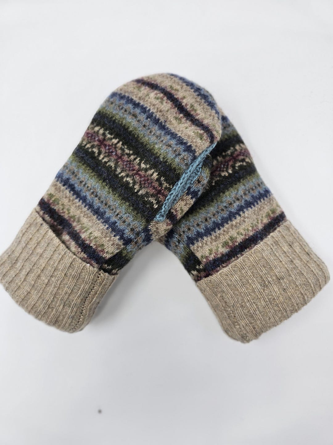 Cream, With Browns and Blue, Wool Mittens. Made From Recycled Sweaters ...