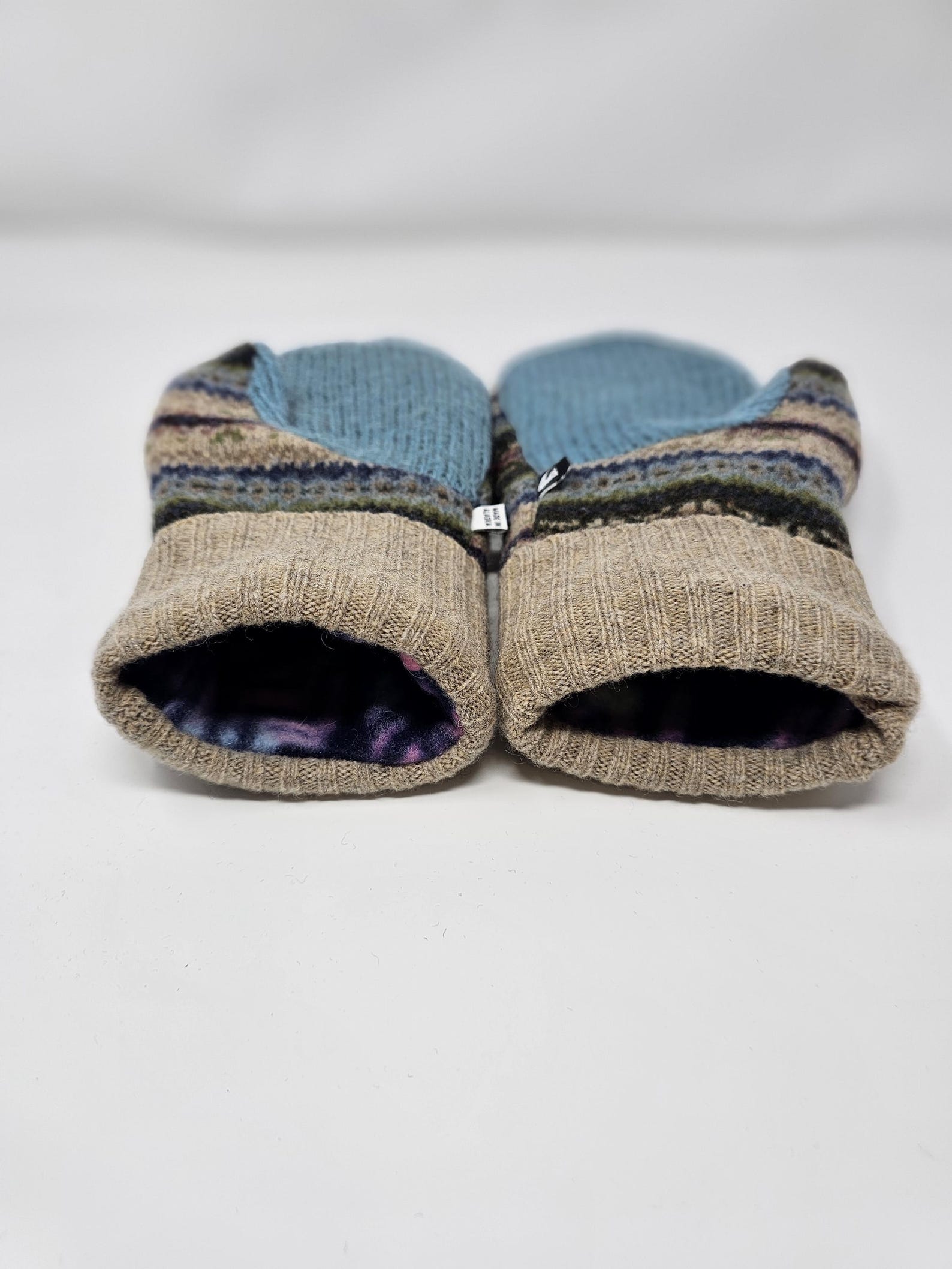 Cream, With Browns and Blue, Wool Mittens. Made From Recycled Sweaters ...