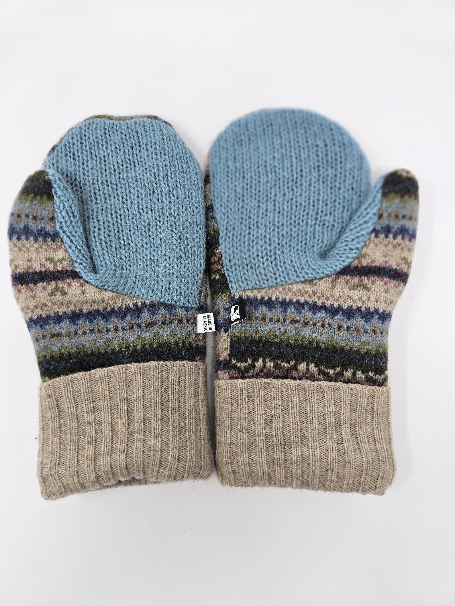 Cream, With Browns and Blue, Wool Mittens. Made From Recycled Sweaters ...