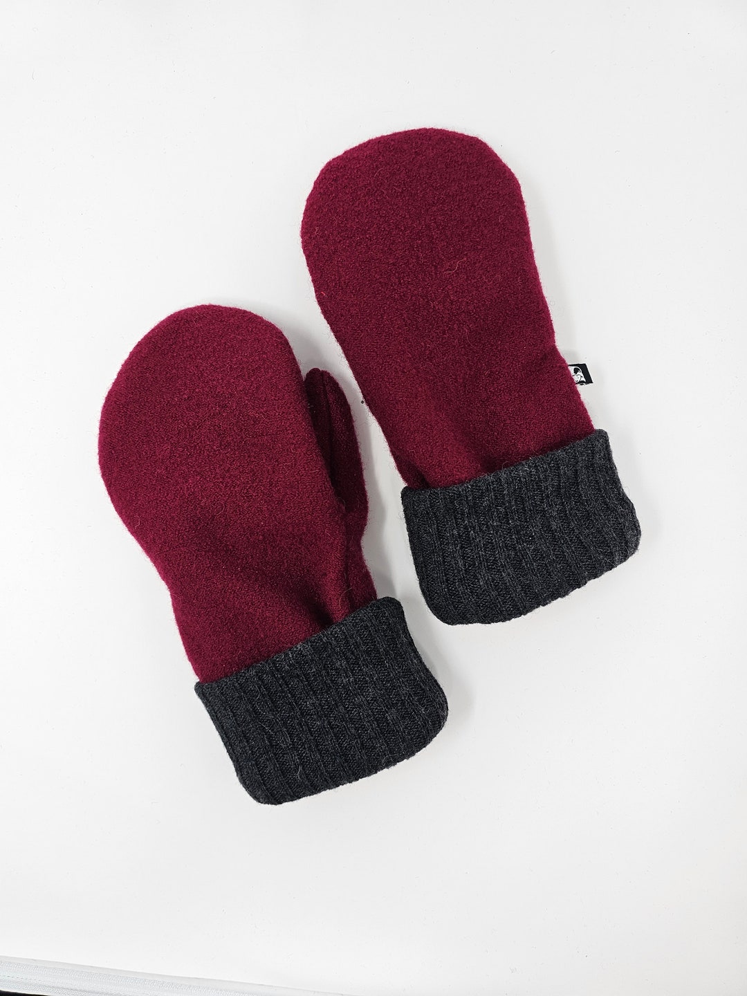 Burgundy, With Black Cuffs, Wool Mittens. Made From Recycled Sweaters ...