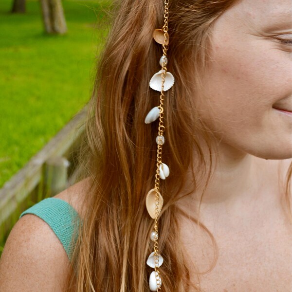 Cowrie Shell Hair Jewelry Macrame Boho Pearls Brass Handmade Jewelry ...