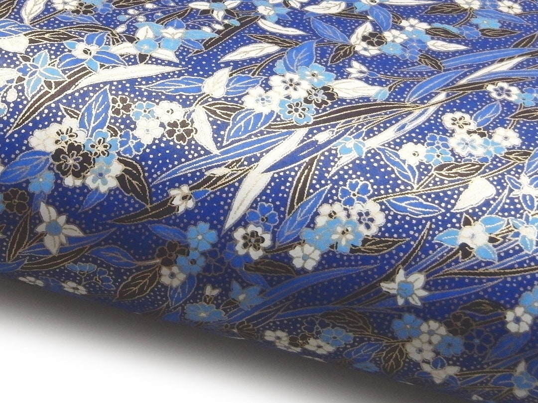 Japanese Paper Yuzen blossoms and Leaves in Stream. Hues of Blue, White ...