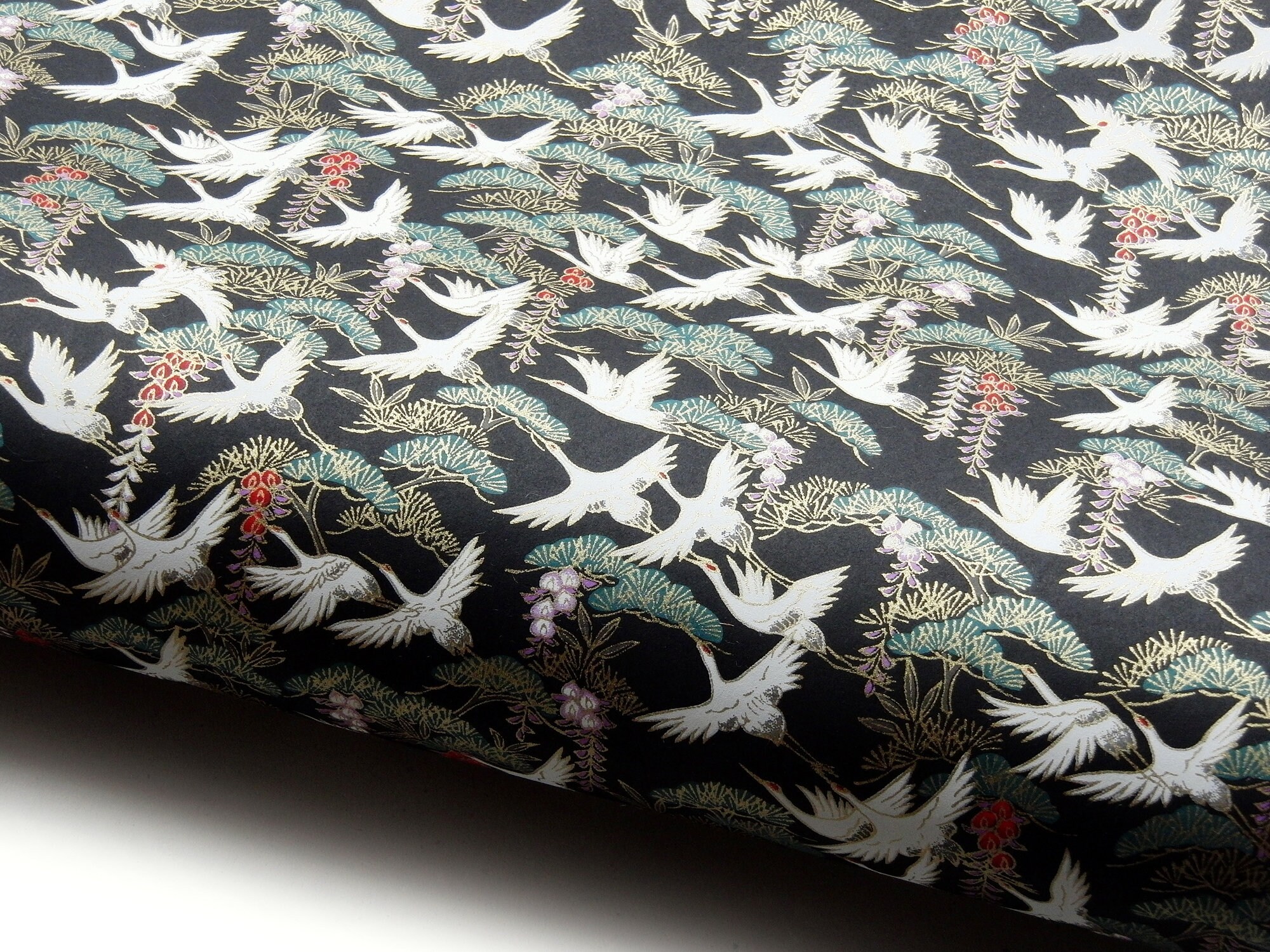 Japanese Paper Yuzen "cranes, Japanese Pine and Wisteria on Black ...