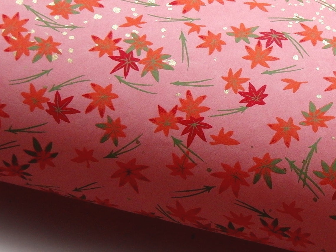Japanese Paper Chiyogami Yuzen "maple Leaves and Pine on Pink." - Etsy