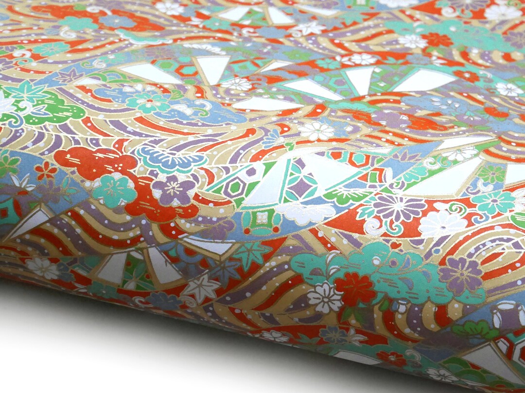Japanese Paper Yuzen "pattern Mix With Blossoms and Clouds. Red, Orange ...