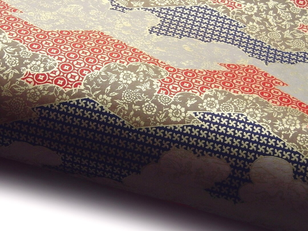 Japanese Paper Yuzen "pattern Clouds. Red, Blue, Brown, Grey and Gold ...