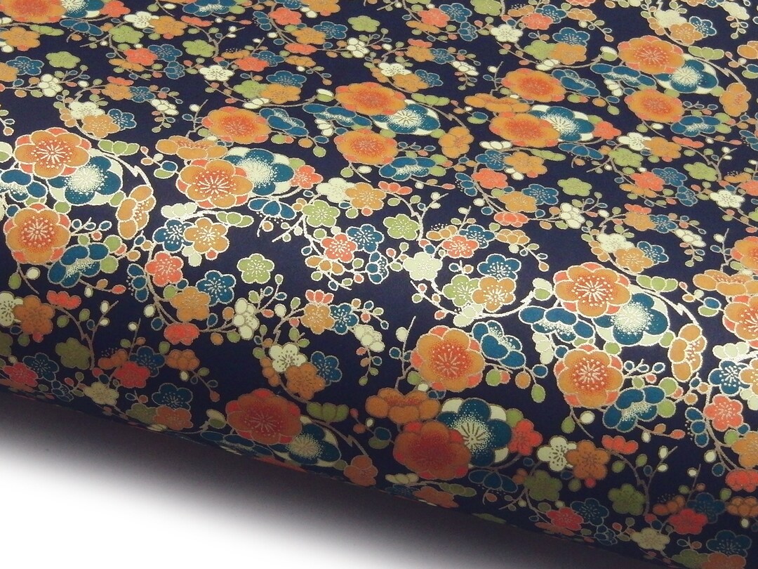 Japanese Paper Yuzen "plum Blossoms. Orange, Green and Blue on Night ...