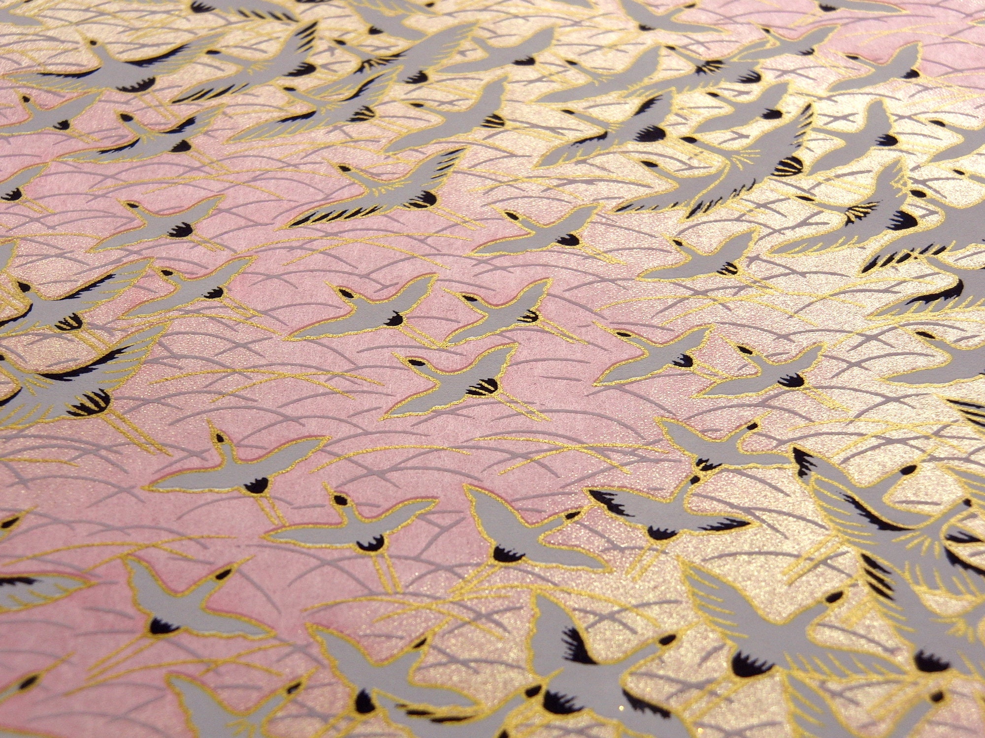 Japanese Paper Yuzen "cranes Flight Above Ocean. White and Gold on Pink ...