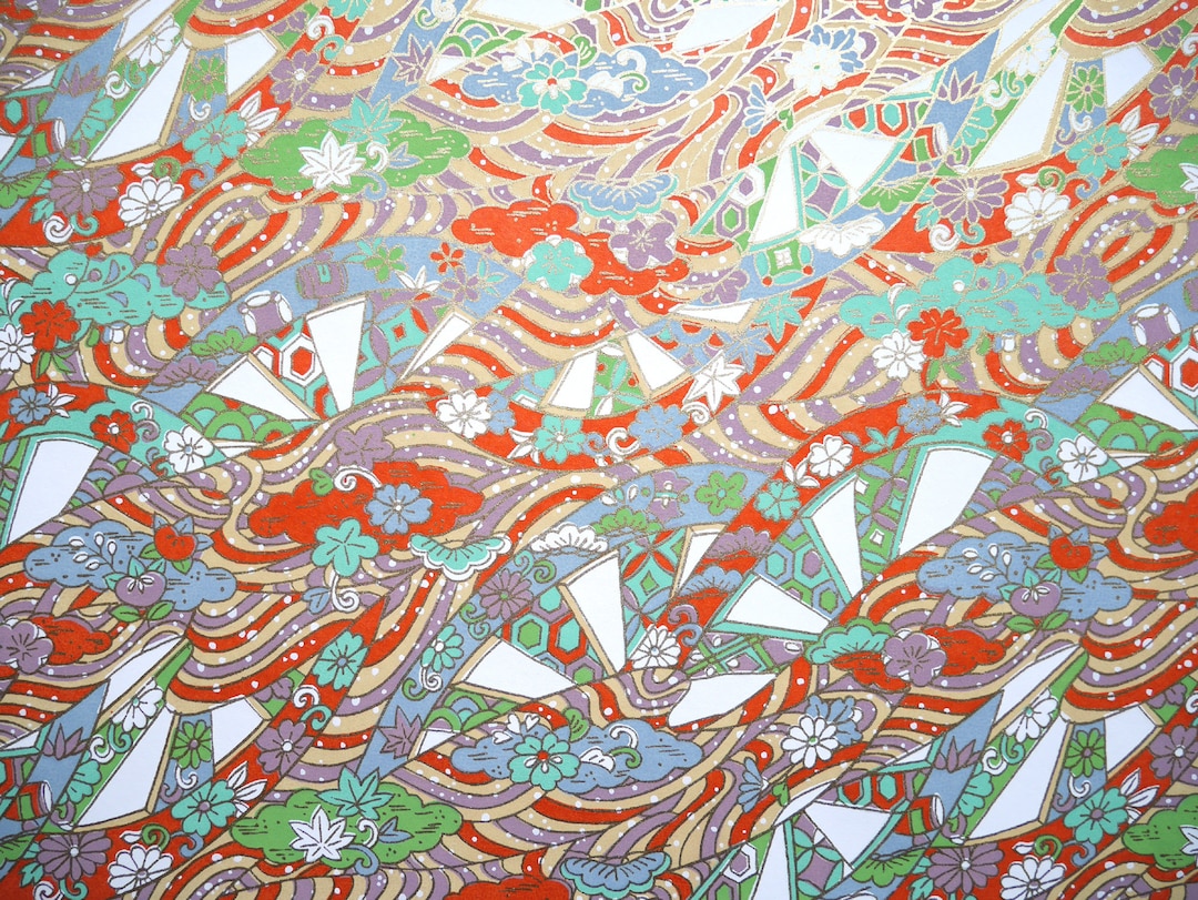 Japanese Paper Yuzen pattern Mix With Blossoms and Clouds. Red, Orange ...
