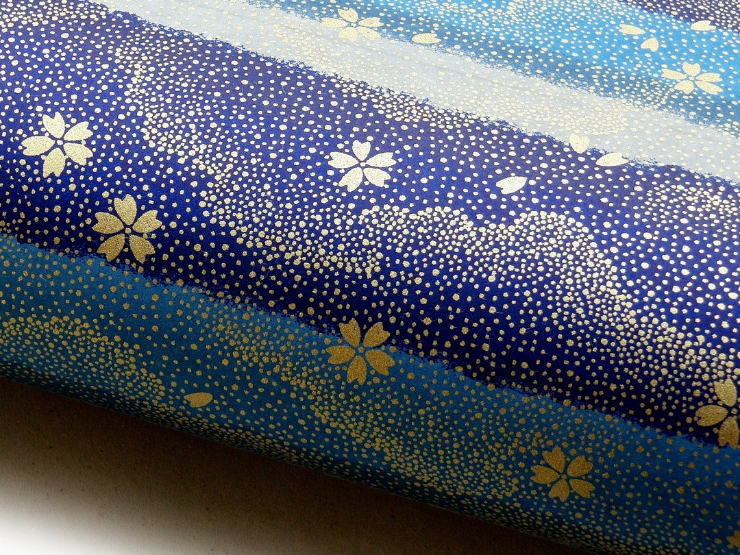 Japanese Paper Yuzen "cherry Blossoms. Gold on Blue, Turquoise and Grey ...
