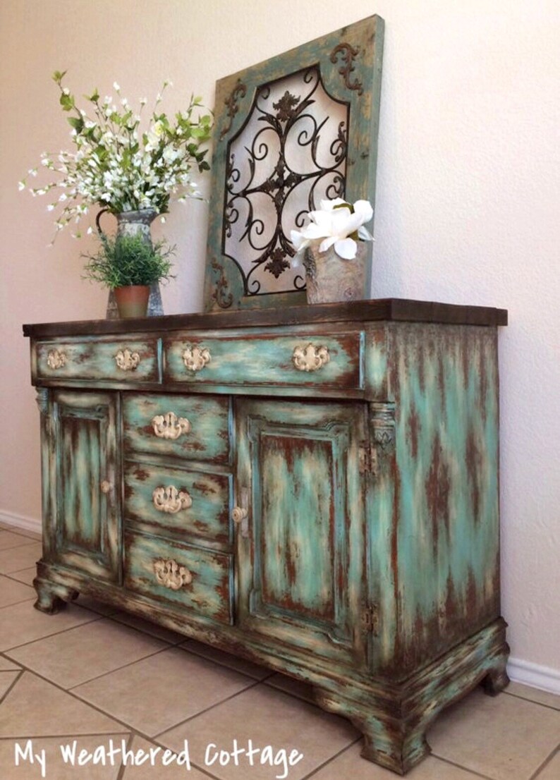 SOLD Green Rustic Buffet Farmhouse Media Stand Painted - Etsy