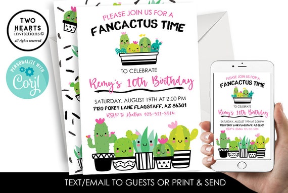 Editable Cactus Birthday Invitation Invite Digital ANY AGE 5x7 - Etsy