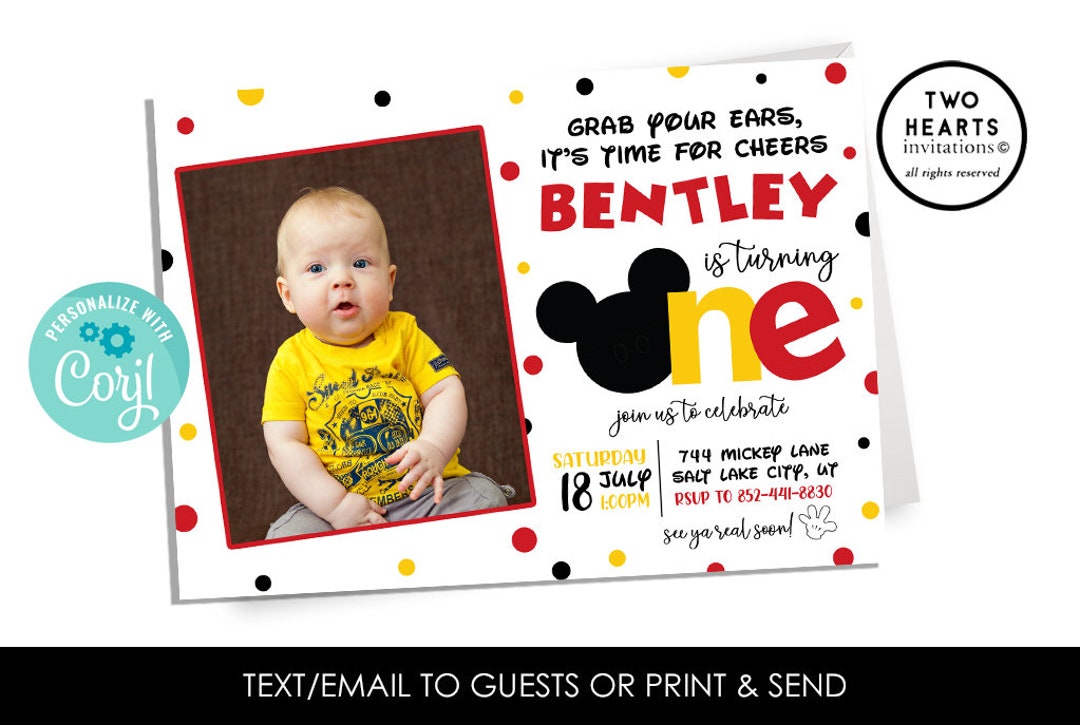 Editable Mickey 1st Birthday Photo Invitation Invite Mouse Digital 7x5 ...