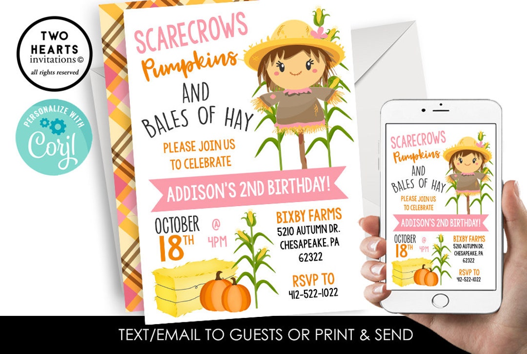 Editable Scarecrow Girl Fall Birthday Invitation Invite Pumpkin Patch ...