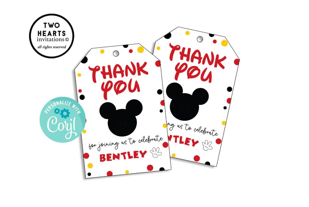 Mickey Mouse Favor Tags Birthday Party Digital Editable Kids Thank You ...
