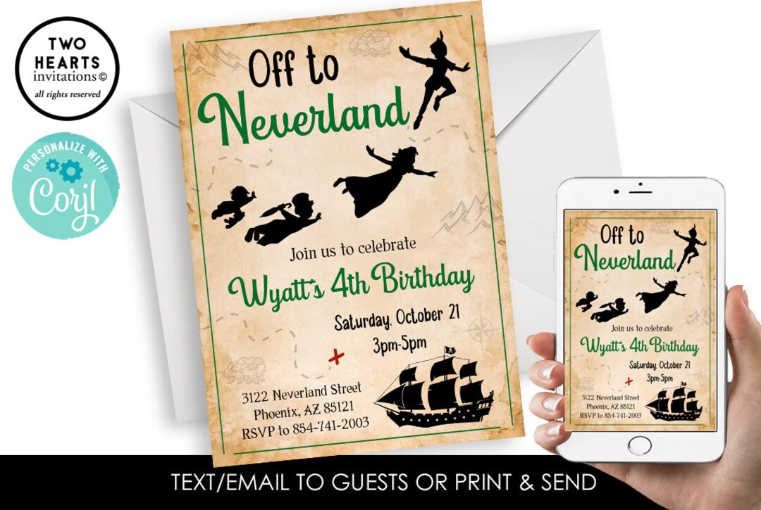 Editable Neverland Birthday Invitation Peter Pan Invite Digital 5x7 Map ...