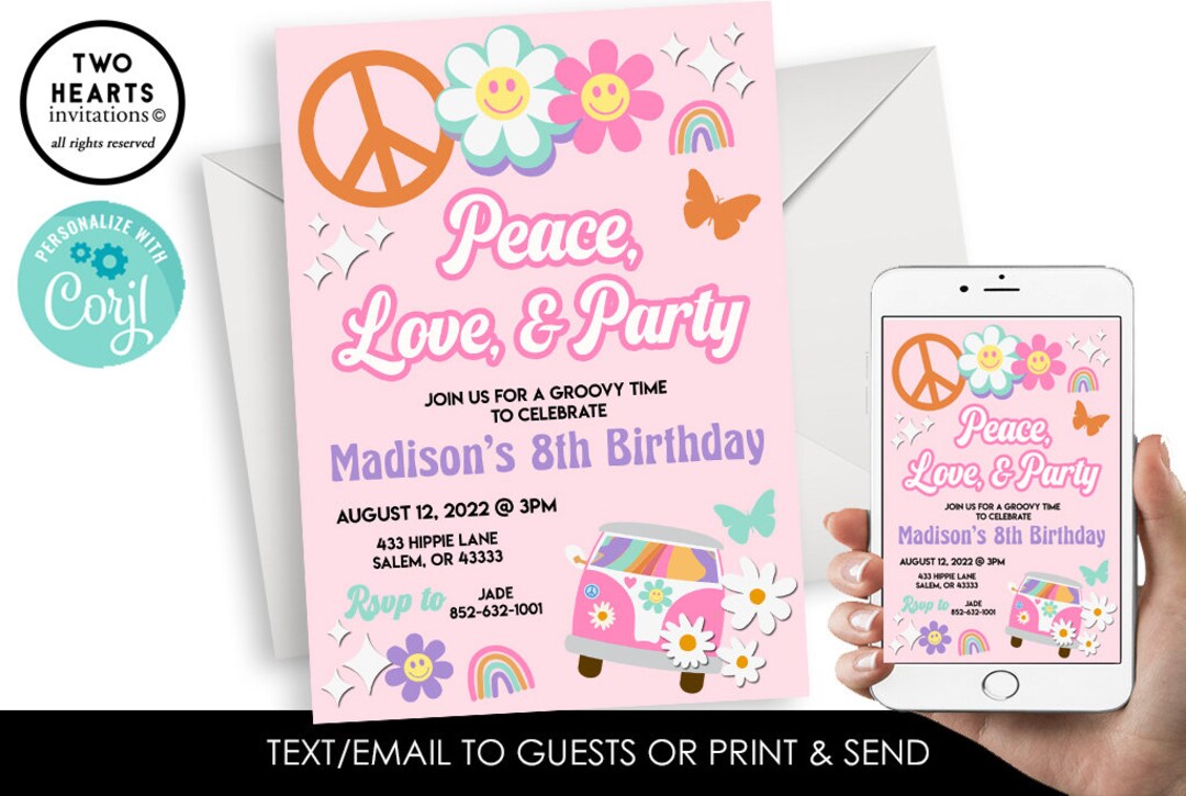 Editable Hippie Birthday Invitation Peace Retro Digital Pink Girls ...