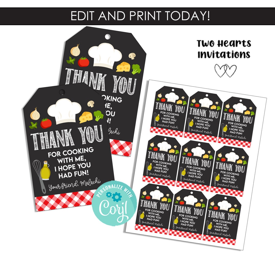 Cooking Birthday Favor Tags Thank You Class EDITABLE Digital Favors Tag ...