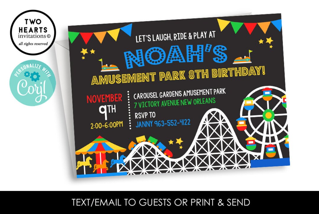 Editable Amusement Park Birthday Invitation Invite Digital 7x5 Carnival ...